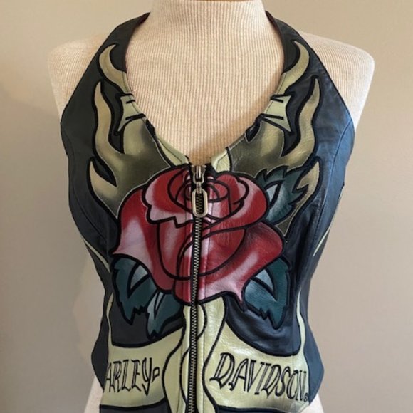 Harley-Davidson | Tops | Harley Davidson Leather Rose Halter Top Size ...